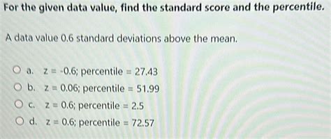 Solved For The Given Data Value Find The Standard Score And The