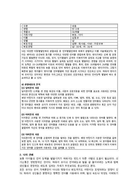 아동의 저출산시대에 부합되는 아동발달단계와 특징을 분석하고 영유아기 아동 1명을 선택 관찰하여 해당 아동의 발달과정을 통해