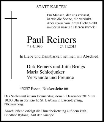 Traueranzeigen Von Paul Reiners Trauer In Nrw De