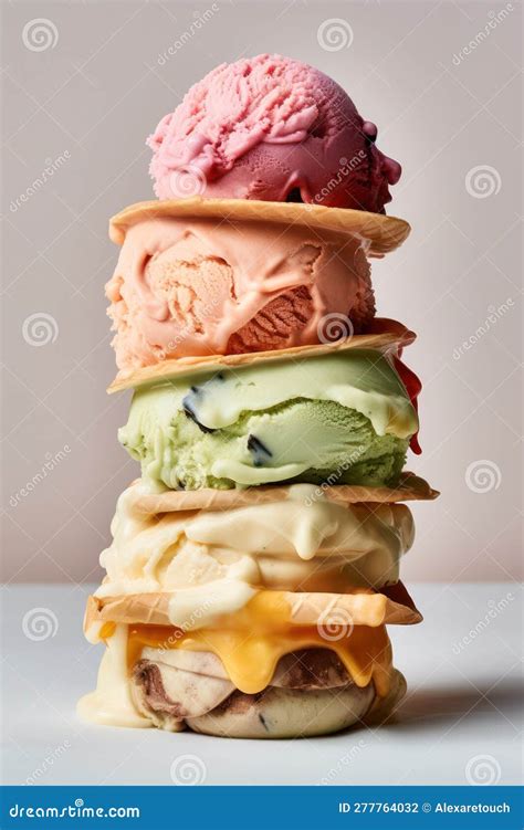 Horizontal Close Up Of A Stack Of Several Types Of Ice Cream Stock