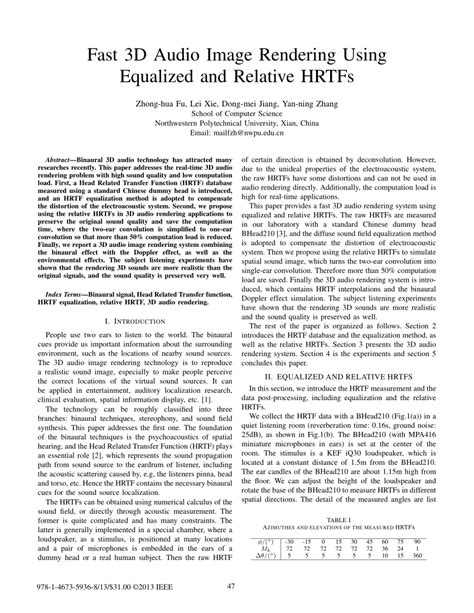 pdf fast 3d audio image rendering using equalized and relative hrtfs