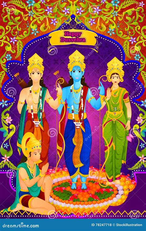 Lord Rama Laxmana Sita With Hanuman In Vector For Happy Dussehra