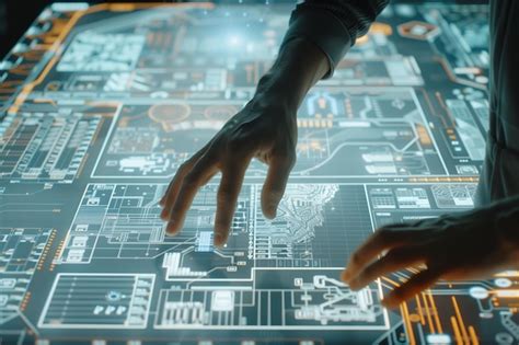futuristic man hand control system and blueprint of machine on