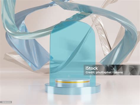 추상적인 파란색 천 비행 levitating 흰색 배경 실린더 프리미엄 반투명 크리스탈 유리 연단 모형 제품 배치 화장품