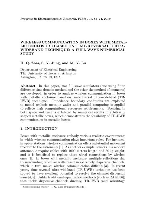 Pdf Wireless Communication In Boxes With Metallic Enclosure Based On Time Reversal Ultra