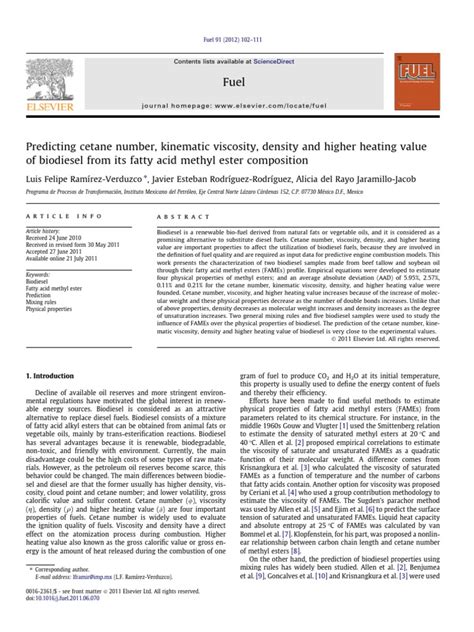 Predicting Cetane Number Kinematic Viscosity Density And Higher Heating Value Of Biodiesel From