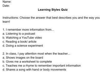 Learning Styles Quiz For All Ages By Supporting Our Students TPT