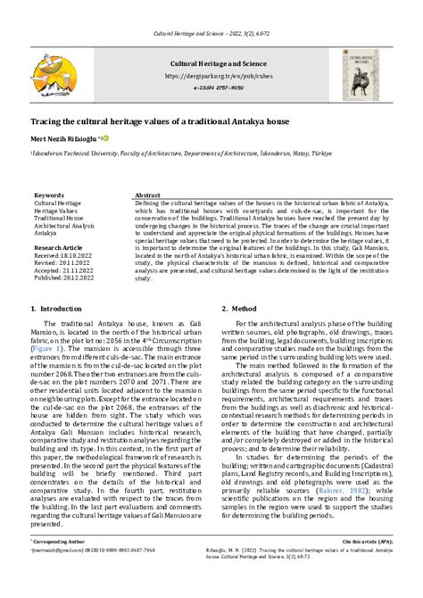 Pdf Tracing The Cultural Heritage Values Of A Traditional Antakya House