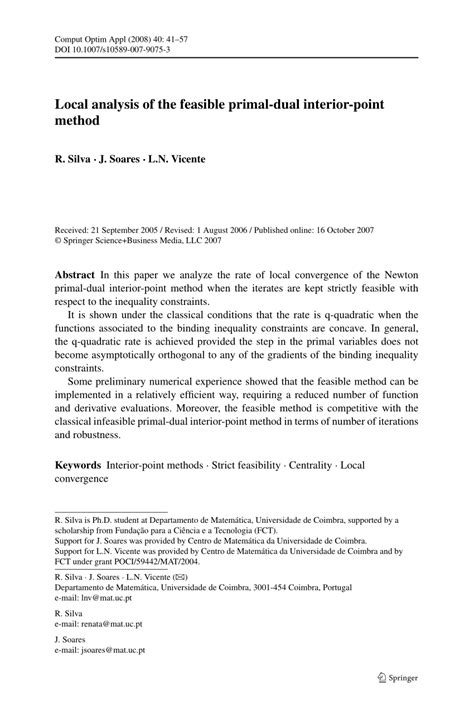 Pdf Local Analysis Of The Feasible Primal Dual Interior Point Method