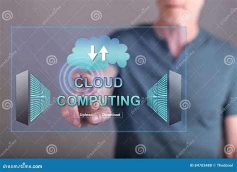 Man Touching A Cloud Computing Concept On A Touch Screen Stock Photo Image Of Finger