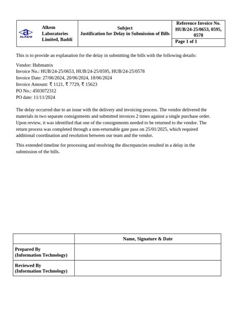 Delay Justification For Invoice Submission Pdf