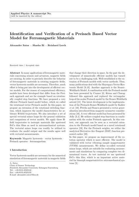 Pdf Identification And Verification Of A Preisach Based Vector Model For Ferromagnetic Materials