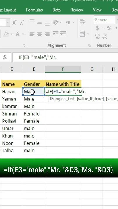 Add Title Before Name In Excel Short Excel Exceltips Youtube