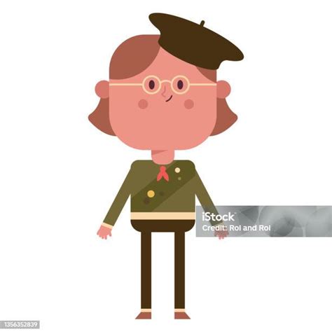 흰색 배경에 고립 베레모 캡 벡터 만화 캐릭터 일러스트에서 걸 스카우트 감시에 대한 스톡 벡터 아트 및 기타 이미지 감시