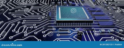 Cpu Chip On Motherboard Abstract 3d Render Of A Computer Processor Chip On A Circuit Board