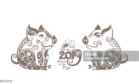 땅 돼지의 해입니다 2019 두 실루엣 양식된 돼지의 장식으로 꾸며져 있습니다 2019년에 대한 스톡 벡터 아트 및 기타 이미지