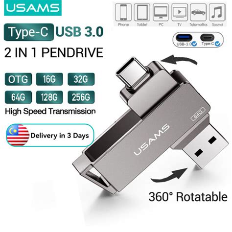 Malaysia StockUSAMS USB3 0 Pendrive 256GB Flash Drives OTG 3 IN 1 Pen Drive Type C High Speed