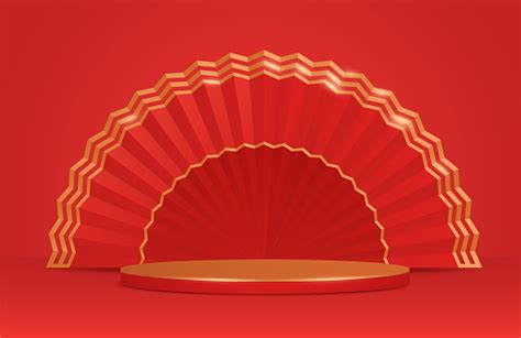 중국 설날 레드와 골든 테마 포디움 장면의 3d 일러스트와 제품 디스플레이를 위한 배경에 동양 축제 요소의 종이 그래픽 스타일