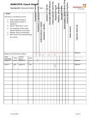 NARCOTIC Count Sheet For Norquest Hospital Record Track And Course