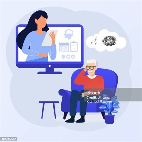 화상 통화를 통해 환자와 상담하는 심리학자 개인적인 문제에 대해 이야기하는 노인 Conference On The Americas에 대한 스톡 벡터 아트 및 기타 이미지