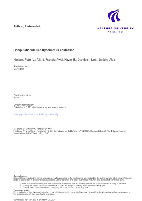 Pdf Computational Fluid Dynamics In Ventilation