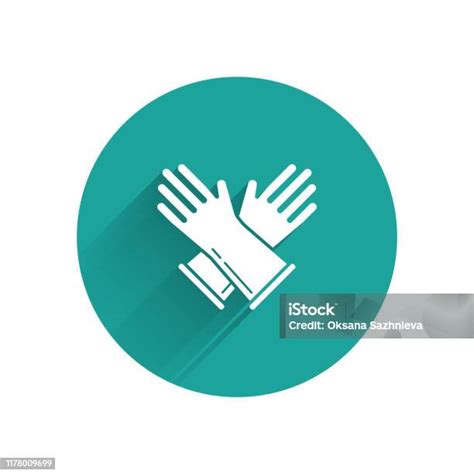 긴 그림자로 격리 된 흰색 고무 장갑 아이콘입니다 라텍스 손 보호 기호입니다 집안일 청소 장비 기호입니다 녹색 원 버튼입니다 벡터 일러스트레이션 가사 집안일에 대한 스톡