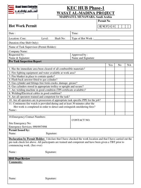 Hot Work Permit Form Pdf Industrial Processes Safety