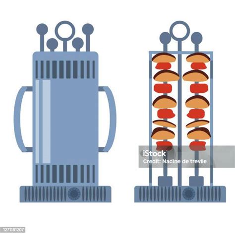 전기 Shashlik 흰색 배경 홈 바베큐 그릴 오픈 폐쇄 빈 음식과 함께 부엌용 장비 플랫 스타일로 벡터 그림 주방용품 그릴