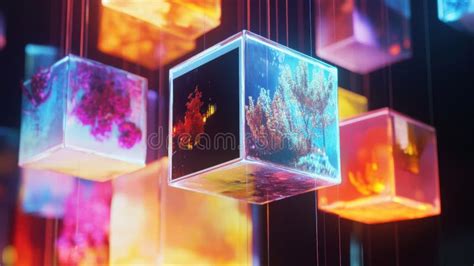 Floating Cubes Display Abstract Text Colorful Visuals And Multimedia Symbols In A Vibrant