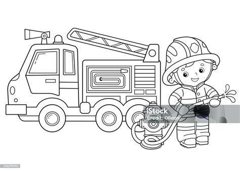 Coloring Page Outline Of Cartoon Fire Truck With Fireman Or Firefighter