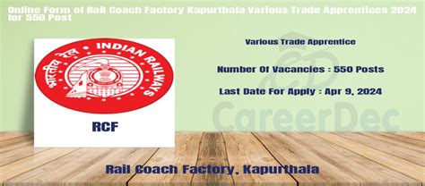 Rail Coach Factory Kapurthala Various Trade Apprentice Online Form 2024 For 550 Post