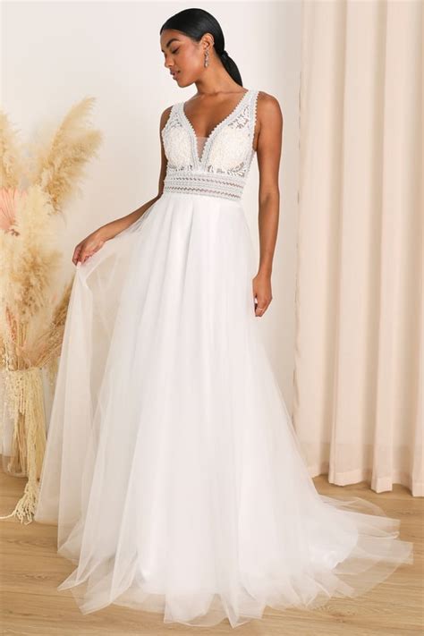 White Tulle Lace Dress Backless Maxi Dress A Line Maxi Dress Lulus