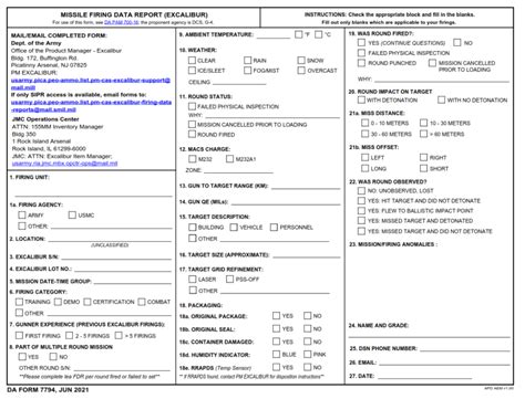 Da Form 7794 Missile Firing Data Report Excalibur