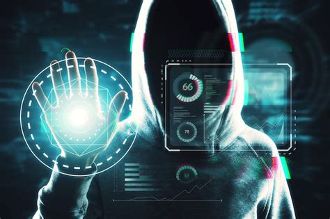 Premium Photo Hacker Using Scanner On Abstract Glowing Business Hologram Interface On Dark