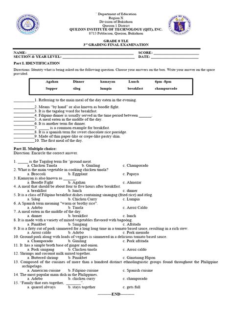 Grade 8 Tle Examination Pdf Meal Lunch