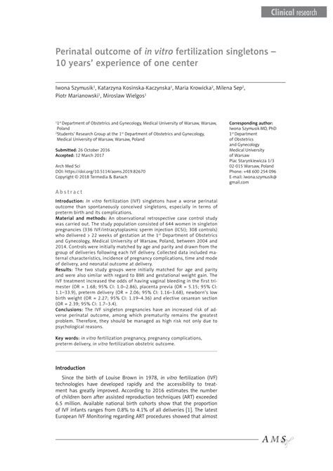Pdf Perinatal Outcome Of In Vitro Fertilization Singletons 10 Years