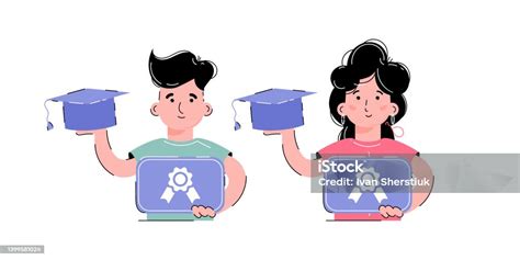 교육의 주제에 설정합니다 한 소녀와 한 젊은이가 졸업장을 손에 쥐고 있습니다 프리젠 테이션 응용 프로그램 및 웹 사이트의