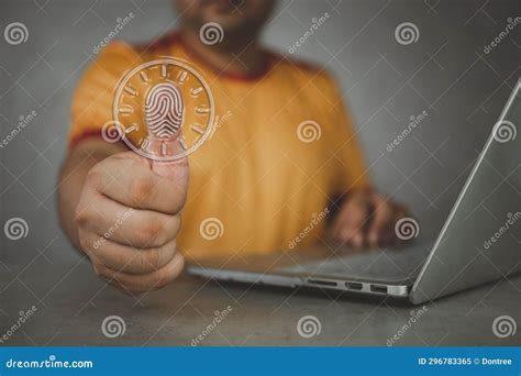 Man Scan Fingerprint Biometric Identity To Work Fingerprint Scan Sensors To Record Company
