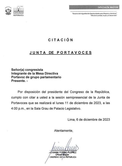 Congreso Junta De Portavoces Sesiona Este Lunes 11 De Diciembre