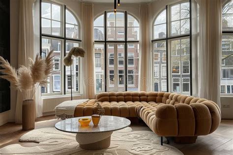 Living Room With Large Windows And A Brown Tufted Sofa In The Style Of Soft And Rounded Forms