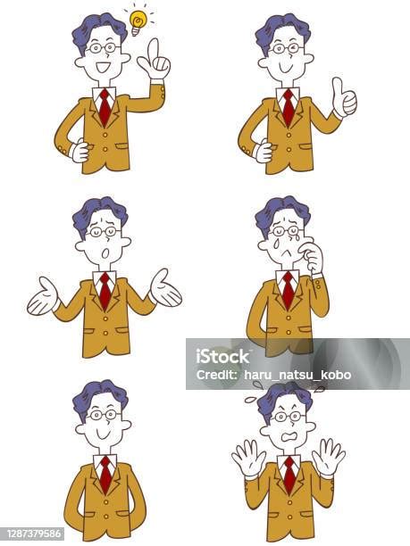 6種類型的手勢和面部表情的男學生在米色外套制服上半身向量圖形及更多不耐煩的圖片 不耐煩的 中學學生 人 Istock