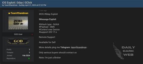 Threat Actor Allegedly Offers 0 Day Exploit For Ios Imessage Daily Dark Web