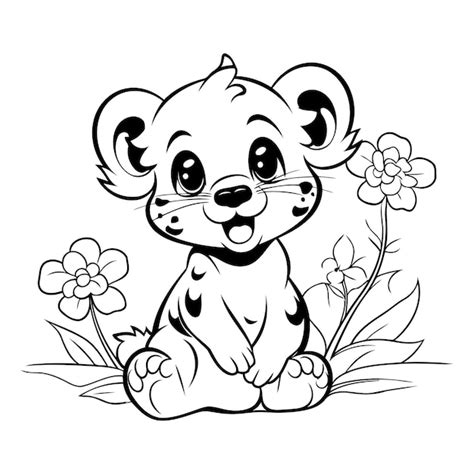 Premium Vector Cute Cartoon Leopard With Flowers For Coloring Book
