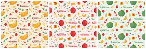 해피 콴자 홀리데이 아프리카 이음새가 없는 패턴 디자인 세트 템플릿 손으로 그린 만화 플랫 일러스트레이션에 축제 스타일 요소 12월에 대한 스톡 벡터 아트 및 기타 이미지