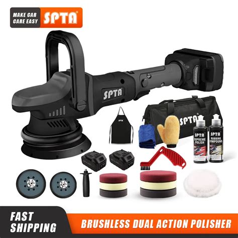 Spta 18v 무선 듀얼 액션 자동차 폴리셔 15mm 궤도 가변 속도 기계 왁싱 연마 용 4000ahm 배터리 2 개 포함
