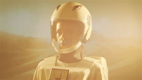 A Woman Astronaut In A Spacesuit Explores Another Planet Young Female