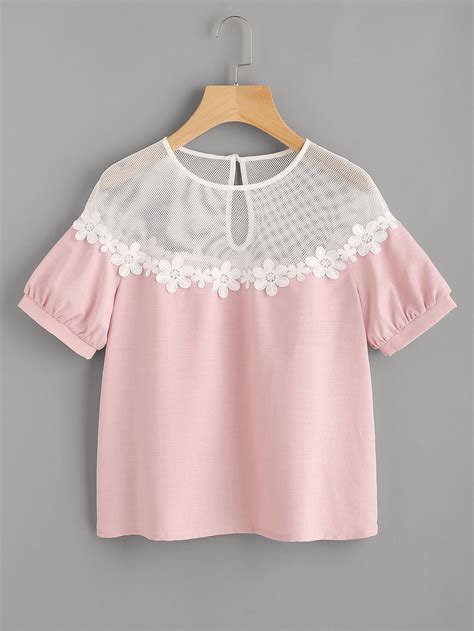 Shein Illusion Neck Daisy Lace Trim Puff Sleeve Top Ladies Tops