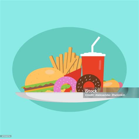 패스트 푸드 개념입니다 햄버거 핫도그 도넛 그리고 콜라와 플레이트 일러스트 레이 션 감자 요리에 대한 스톡 벡터 아트 및 기타