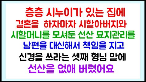 이혼썰 시누이가 셋이나 있는집에 결혼을 하자마자 시할아버지와 시할머니를 모셔둔 선산 묘지관리를 남편을 대신해서 관리를 하라는 형님 말에 선산을 없애 버렸어요 라디오