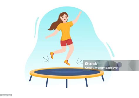 트램폴린 그림 손으로 그린 플랫 만화 여름 야외 활동 배경 템플릿에서 트램폴린에 점프 트램폴린에 대한 스톡 벡터 아트 및 기타 이미지 트램폴린 튀기 건강한 생활방식